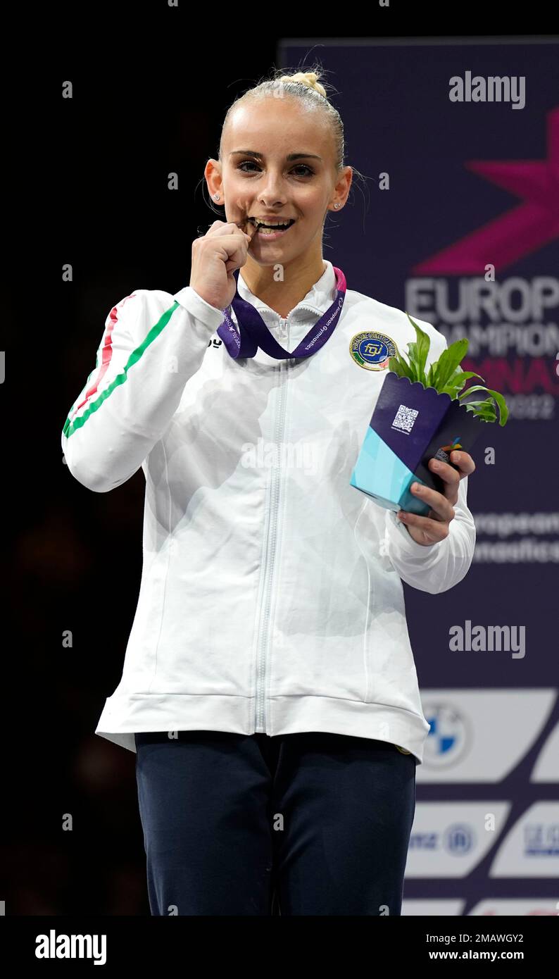 Silver medal winner Italy's Alice D'Amato poses on the podium during ...
