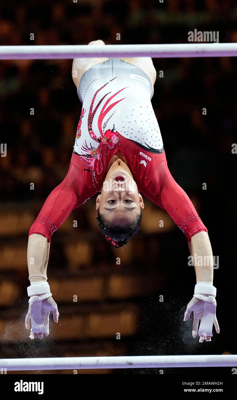 Germany's Kim Bui competes in the women's uneven bars final during the ...