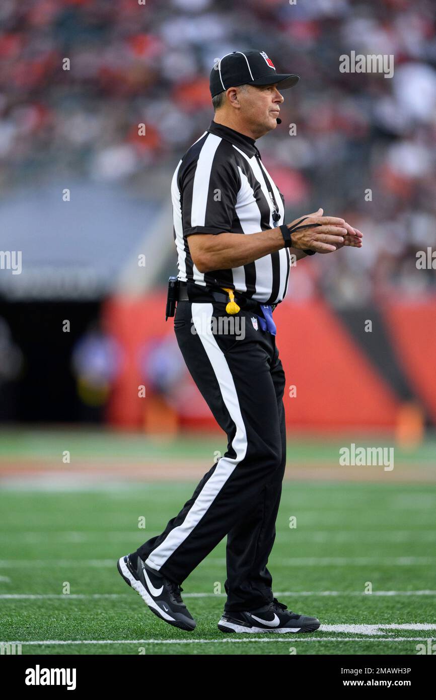 NFL down judge Jim Mello (48) on the field during an NFL football game, Friday, Aug. 12, 2022 ...