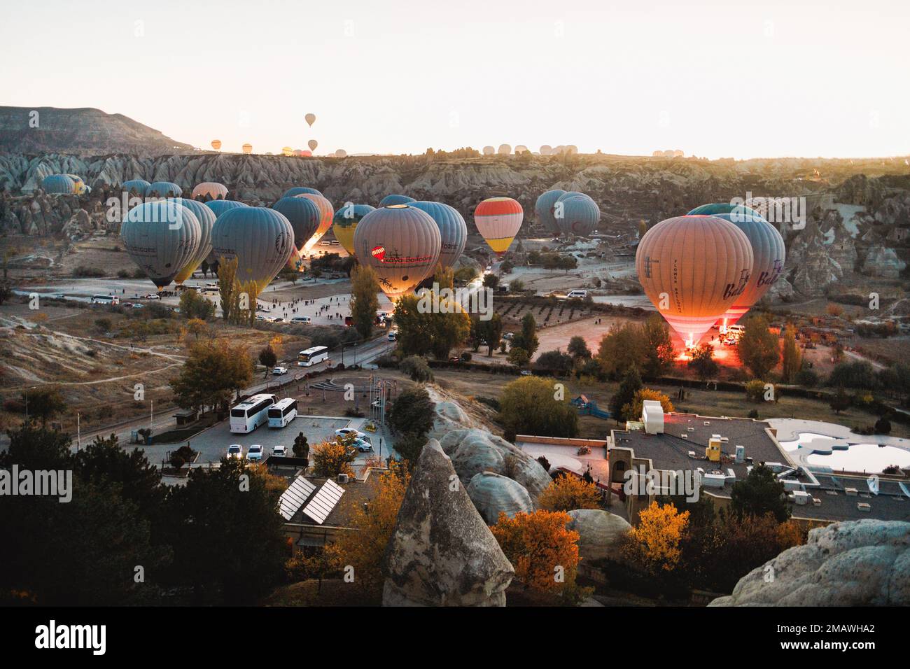 Goreme, Turkey - Mountain landscape with hot air balloons in Goreme ...