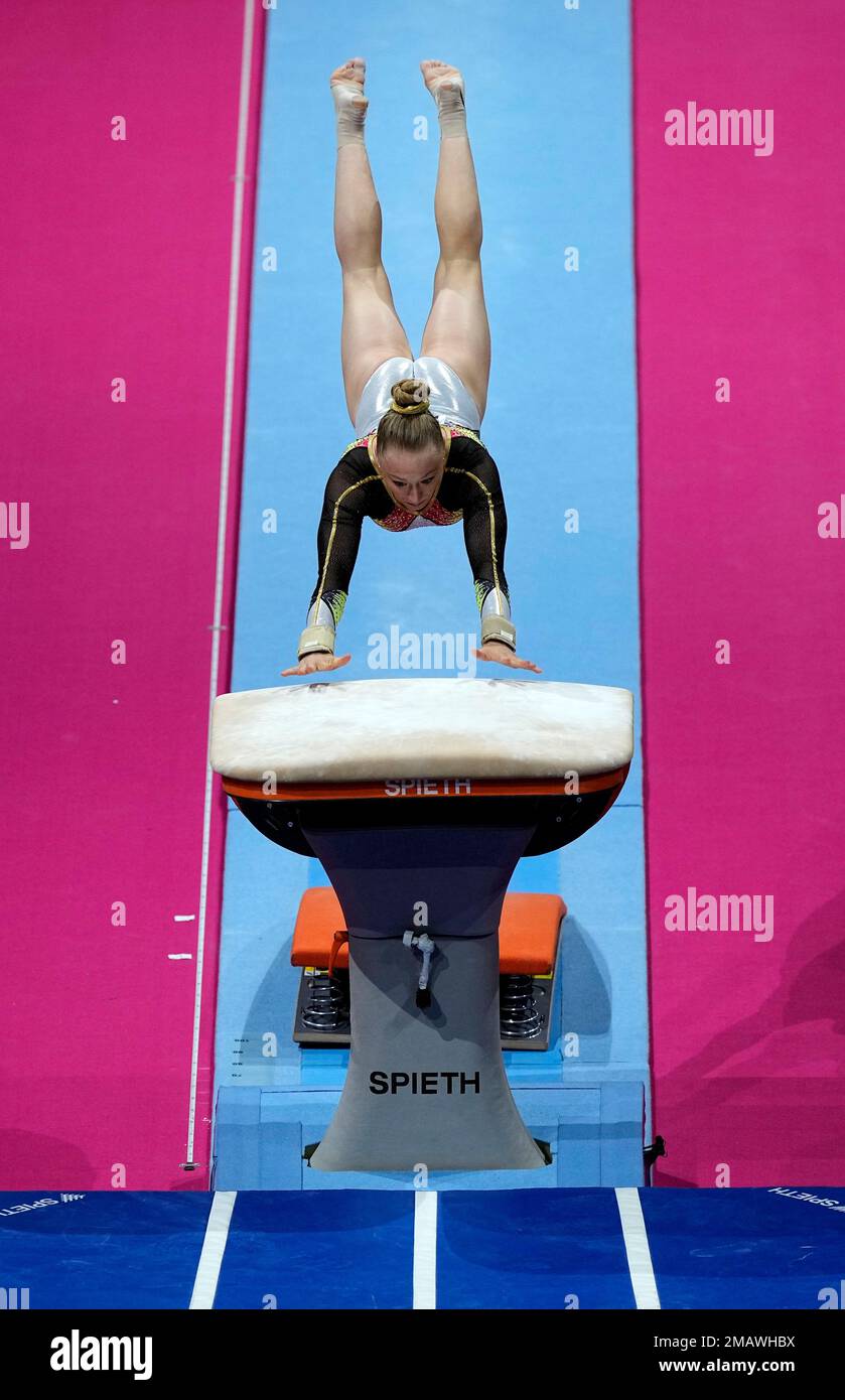 Belgium's Lisa Vaelen competes in the women's vault final during the ...