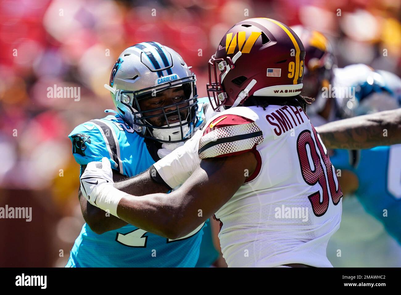 Carolina Panthers offensive tackle Taylor Moton, left, blocks ...