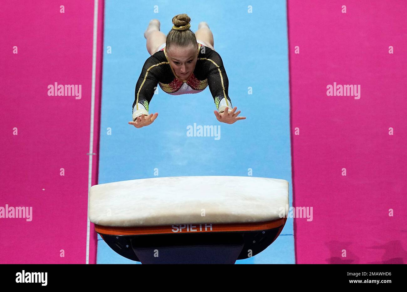Belgium's Lisa Vaelen competes in the women's vault final during the ...