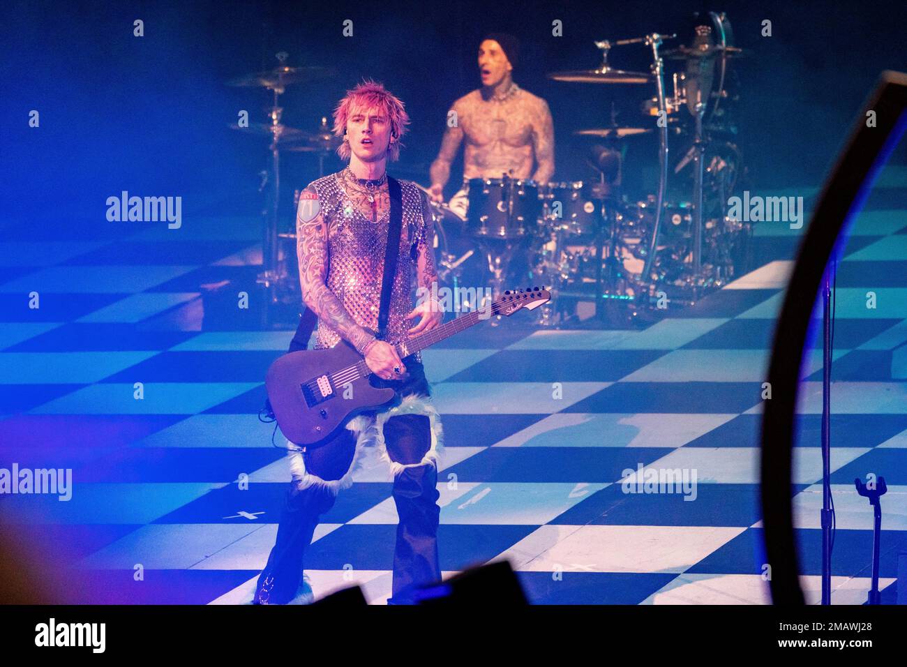 Machine Gun Kelly, left, and Travis Barker perform at FirstEnergy ...