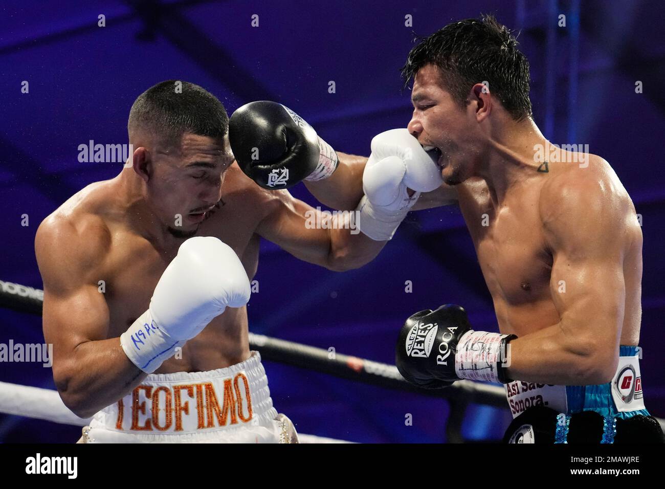 Teofimo Lopez hits Pedro Campa in a junior welterweight boxing match, Saturday, Aug. 13, 2022 ...