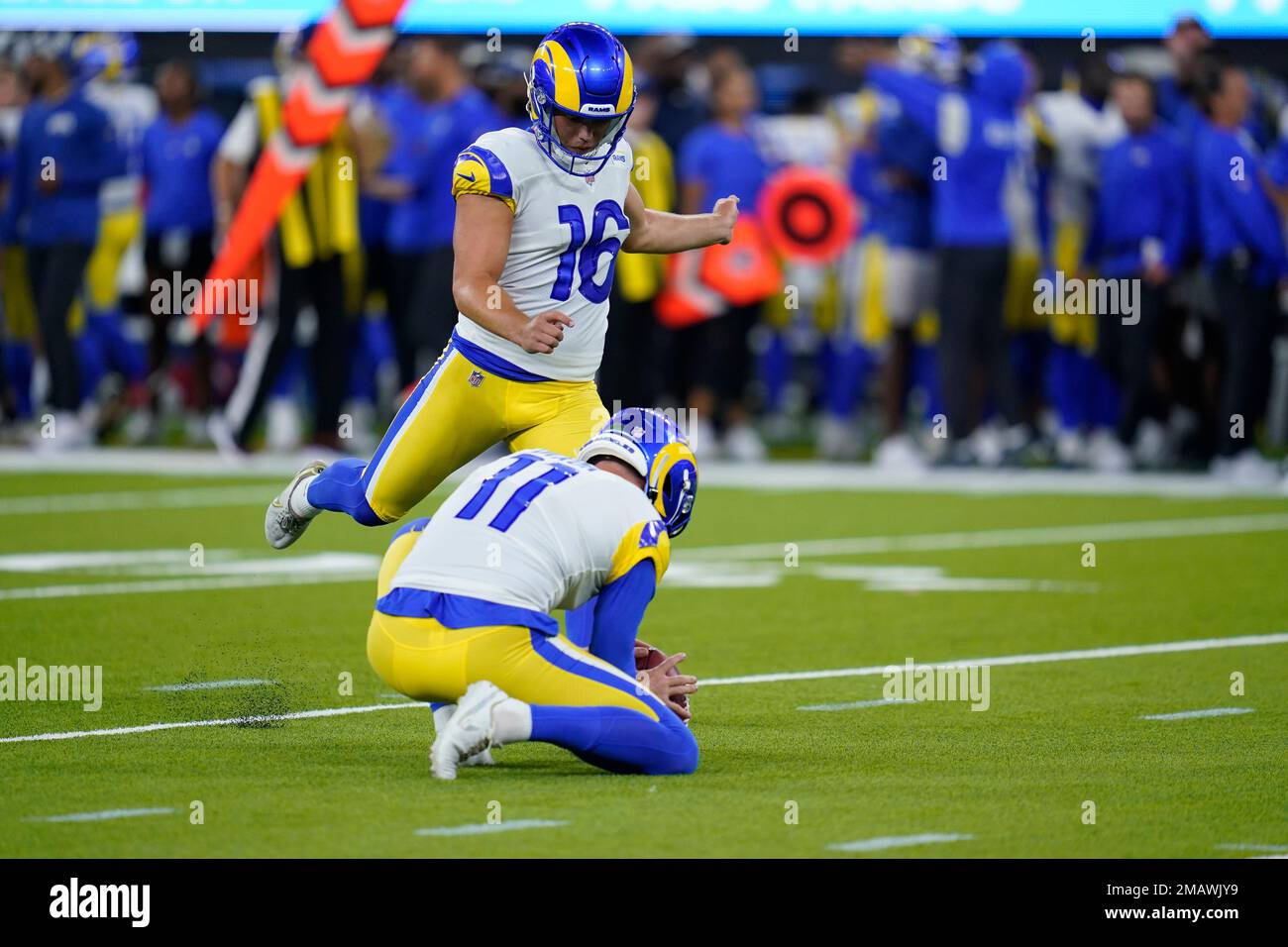 Los Angeles Rams kicker Cameron Dicker kicks an extra point during the ...