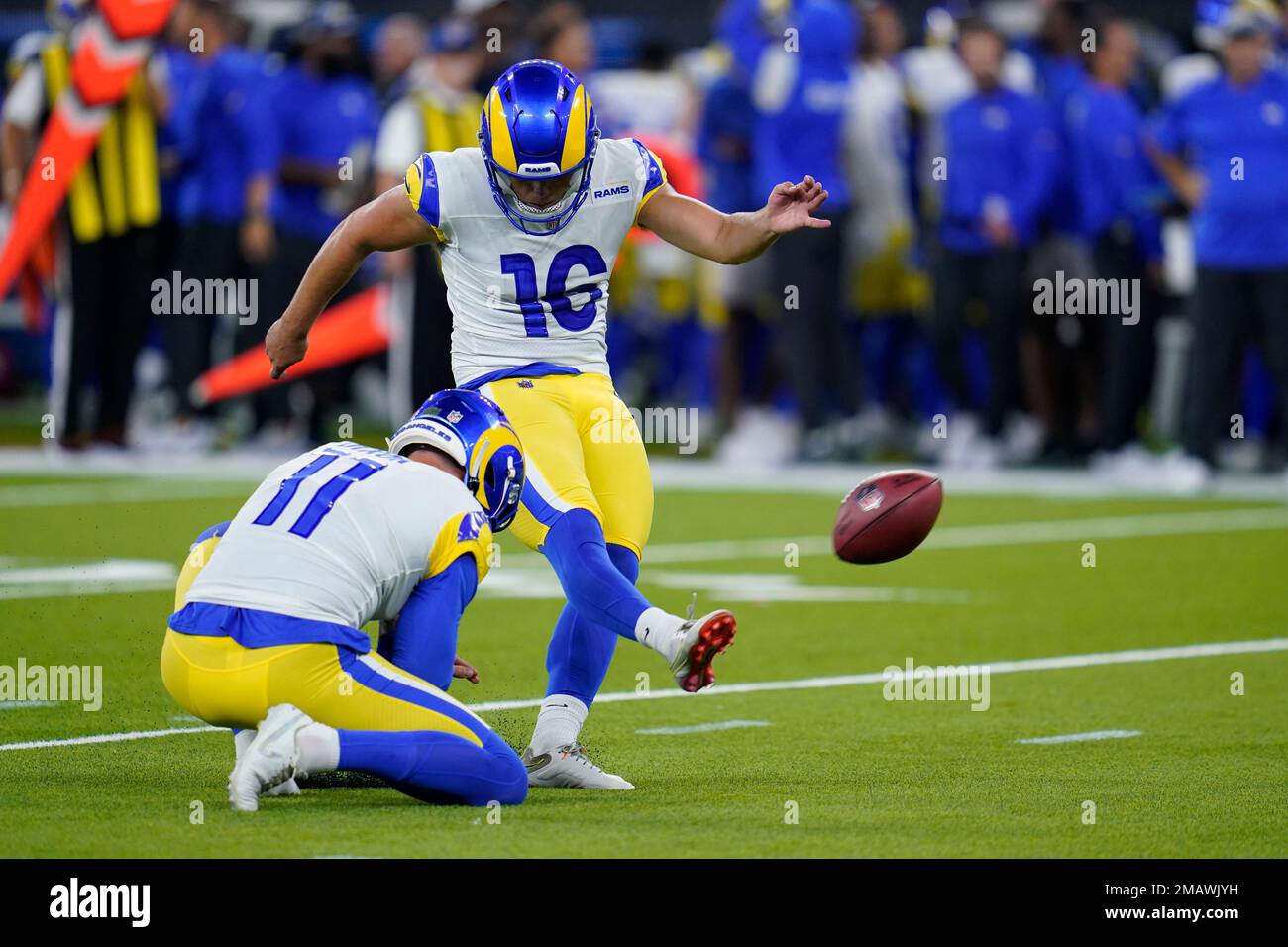 Los Angeles Rams kicker Cameron Dicker kicks an extra point during the ...