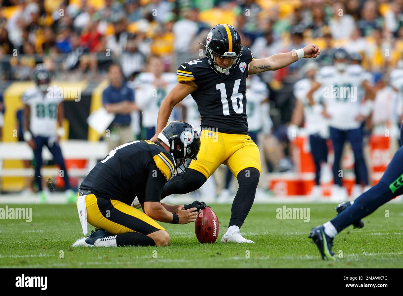 Pittsburgh Steelers place kicker Nick Sciba (16) kicks an extra point ...