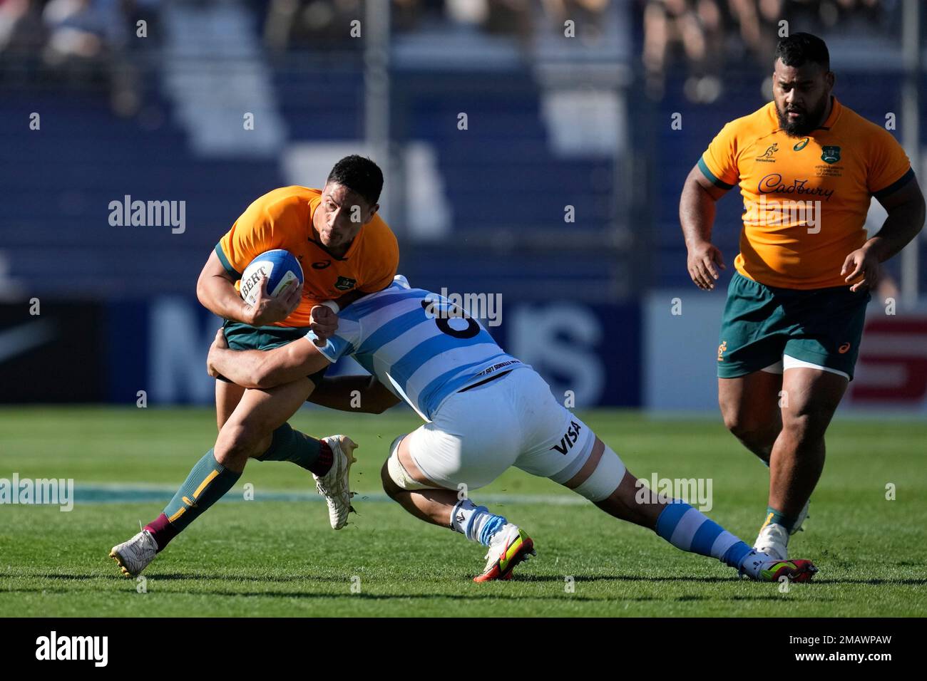 Australia's Lalakai Foketi, left, is tackled by Argentina's Pablo ...