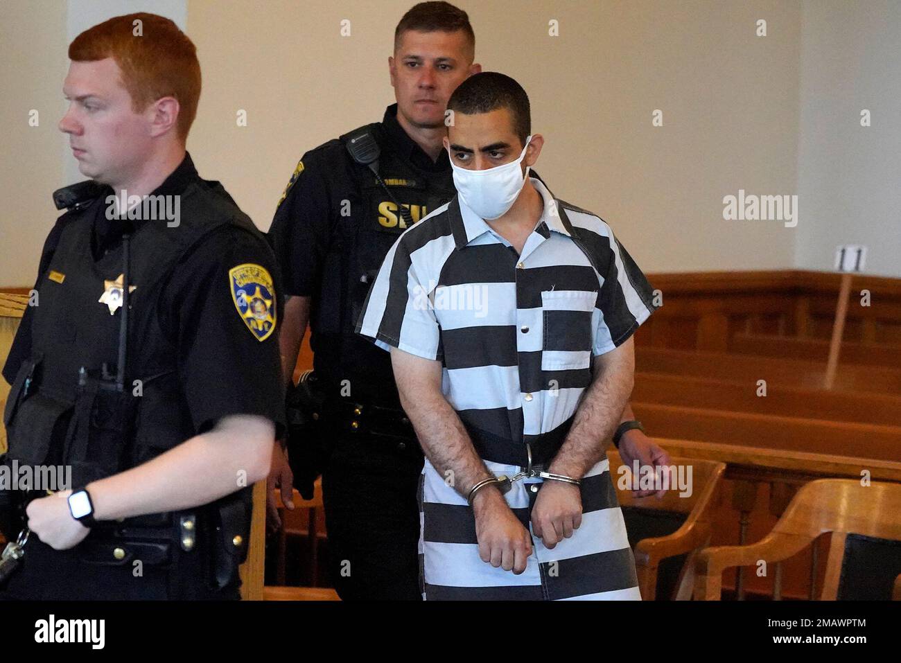 Hadi Matar, 24, center, arrives for an arraignment in the Chautauqua ...