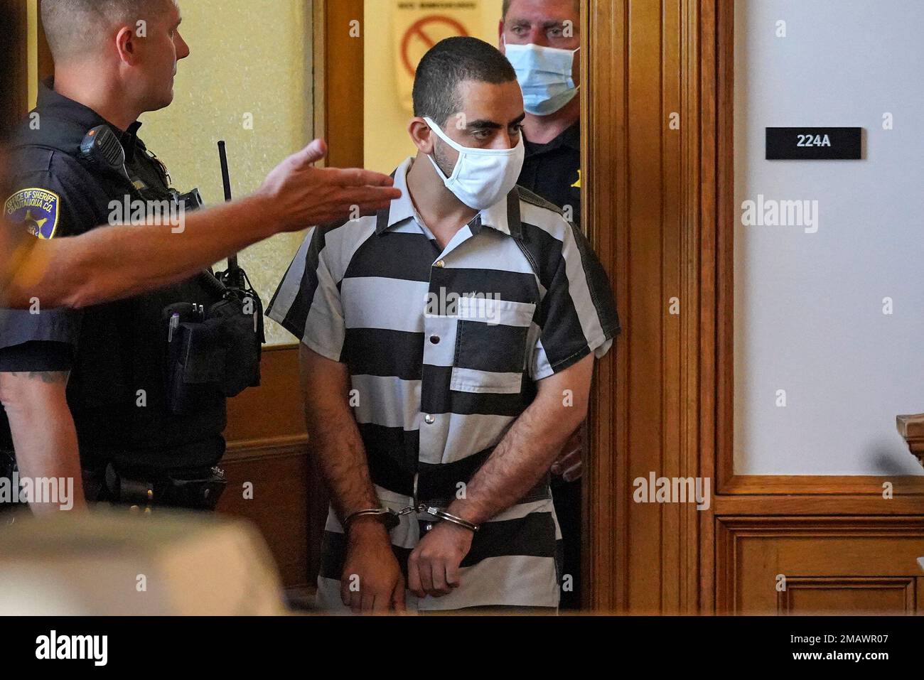 Hadi Matar, 24, center, arrives for an arraignment in the Chautauqua ...