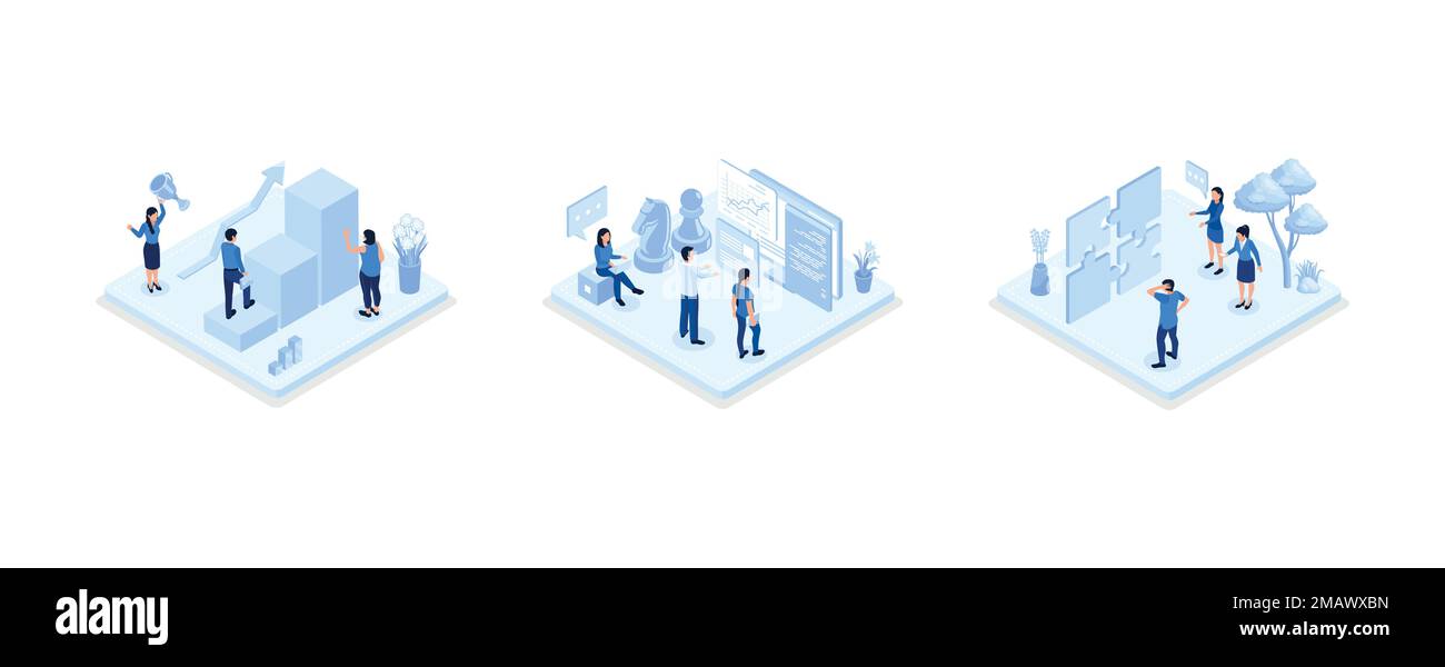 Business strategy illustration set. Characters assembling jigsaw puzzle ...