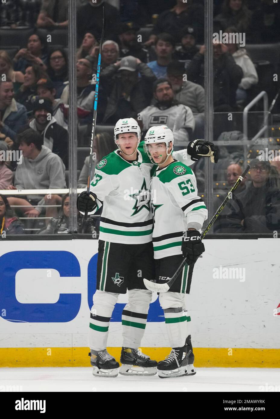 Dallas Stars defenseman Esa Lindell (23) celebrates with center Wyatt ...