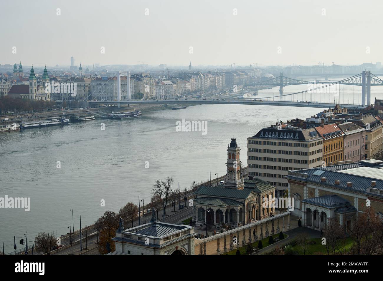 A bird's eye view of the beautiful Hungarian capital city Budapest seen ...