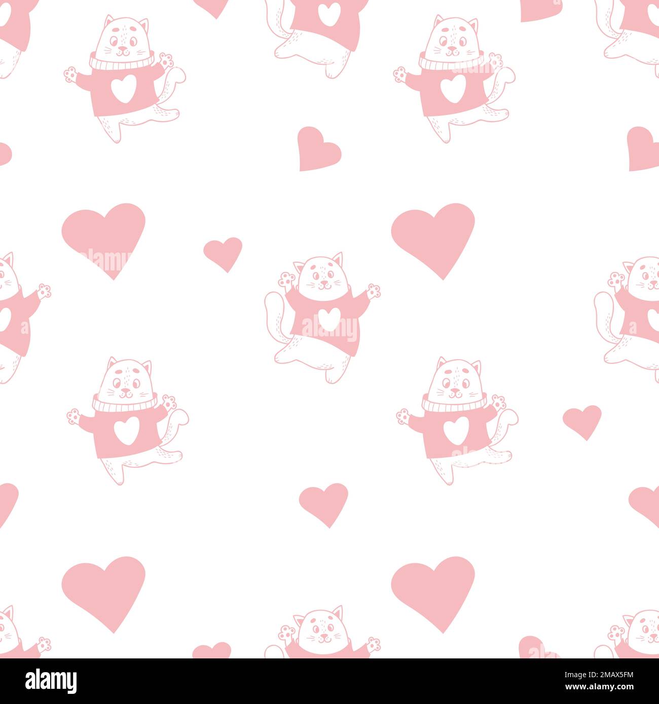 feline seamless pattern. Cute enamored cats with hearts on white ...