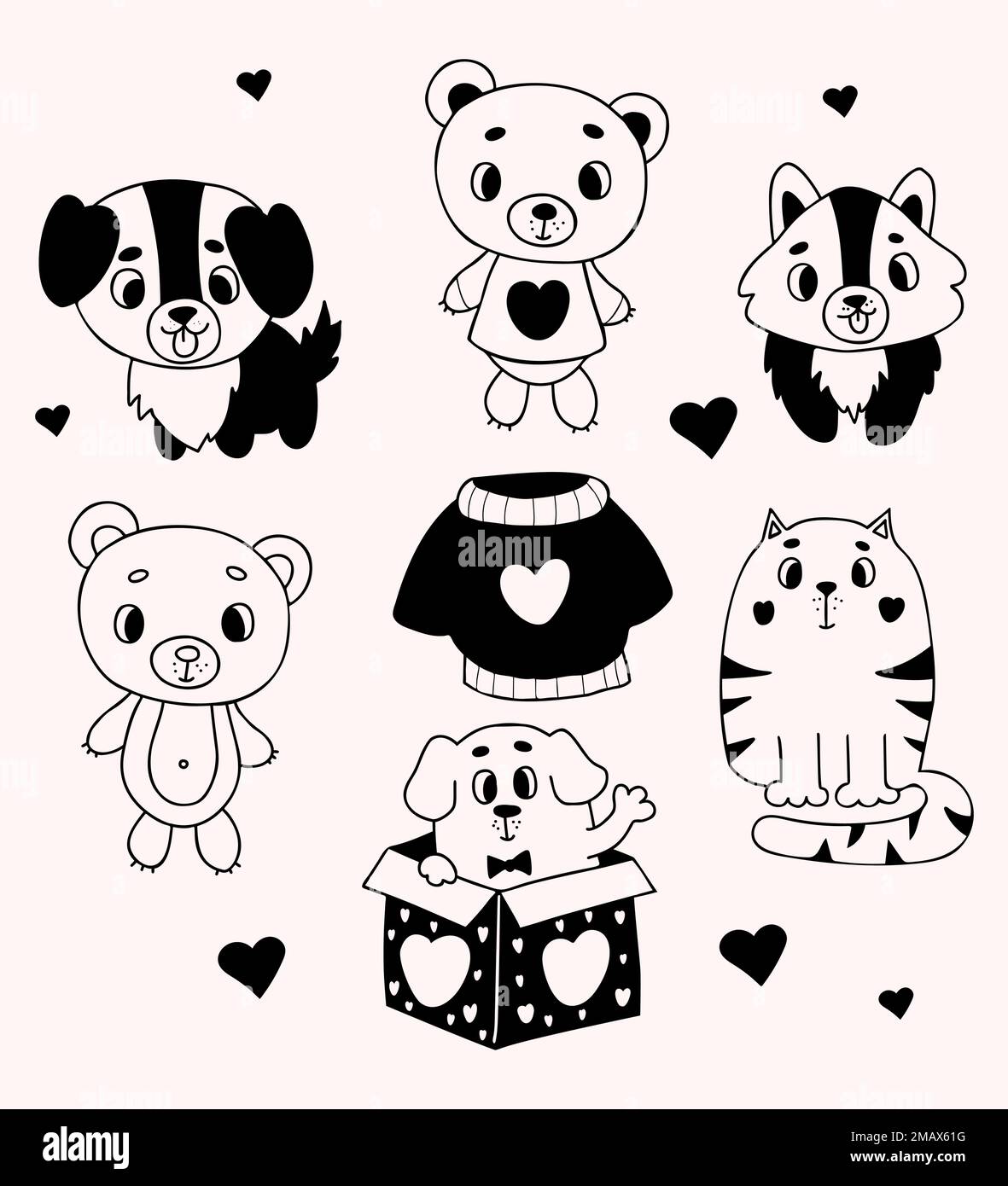 Collection romantic animals. Cute puppies, dog in box, cat and bear ...