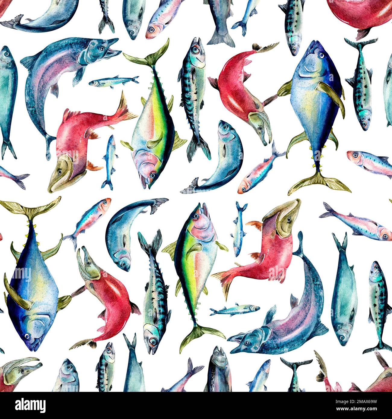 Different sea fishes seamless pattern watercolor illustration isolated ...