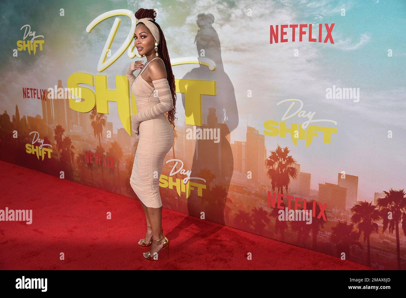 Meagan Good arrives at the premiere of "Day Shift" on Wednesday, Aug ...