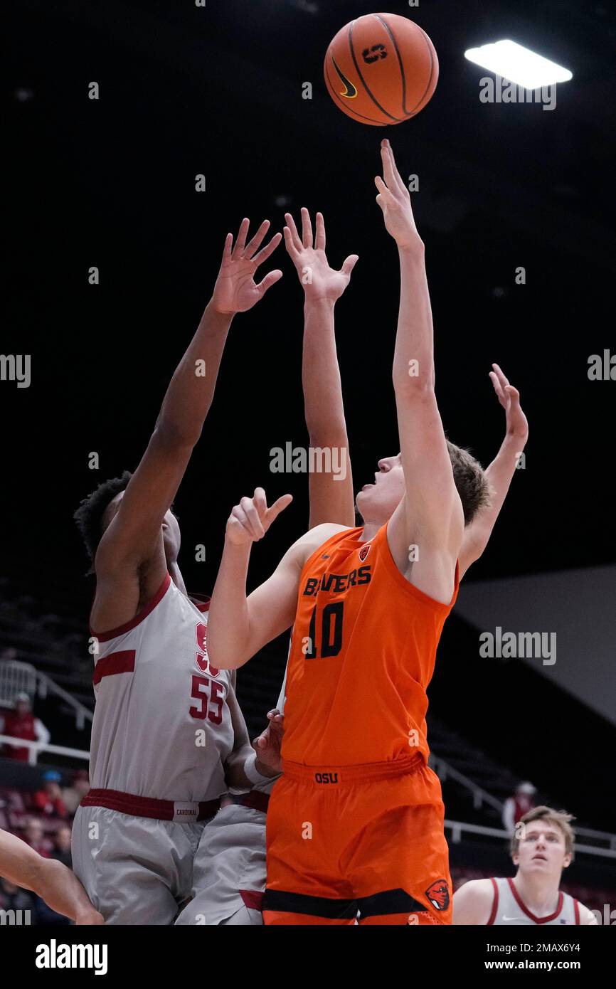 Oregon State forward Tyler Bilodeau (10) shoots over Stanford forward ...