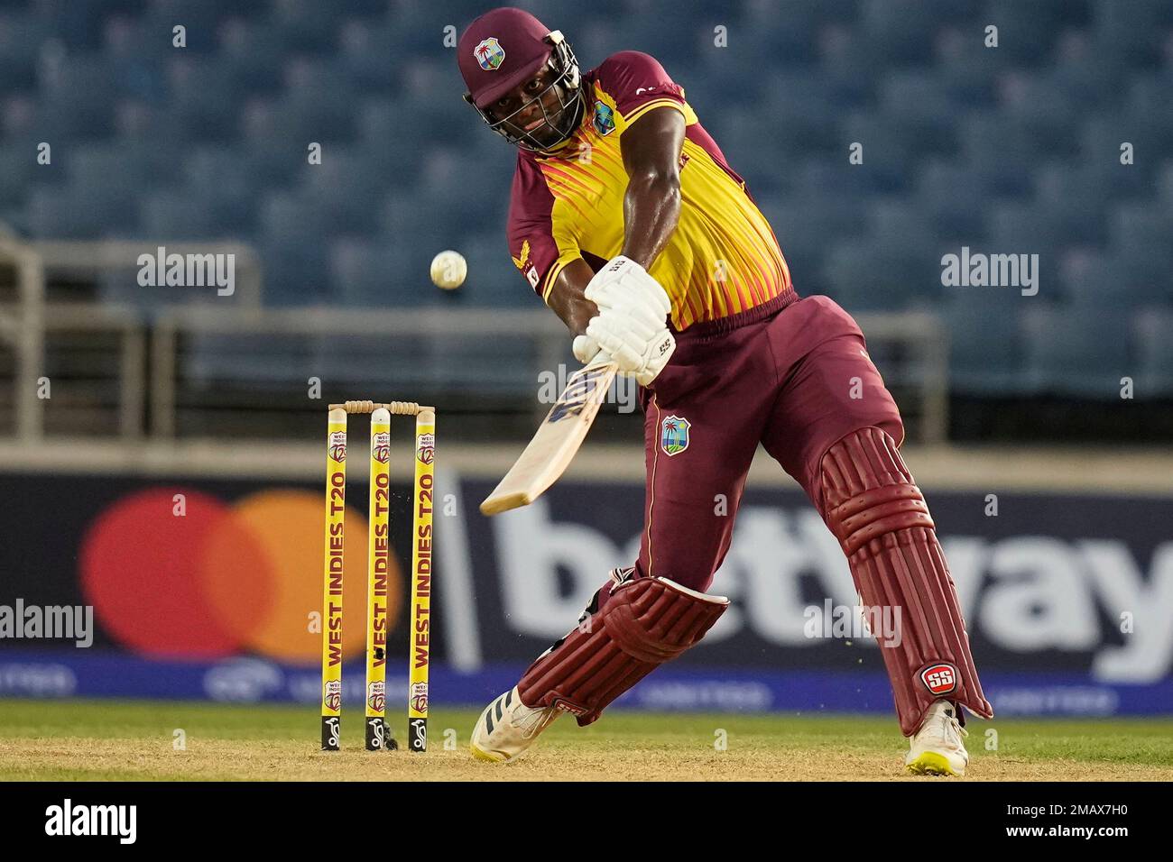 West Indies' Romario Shepherdplays a shot New Zealand during the first ...