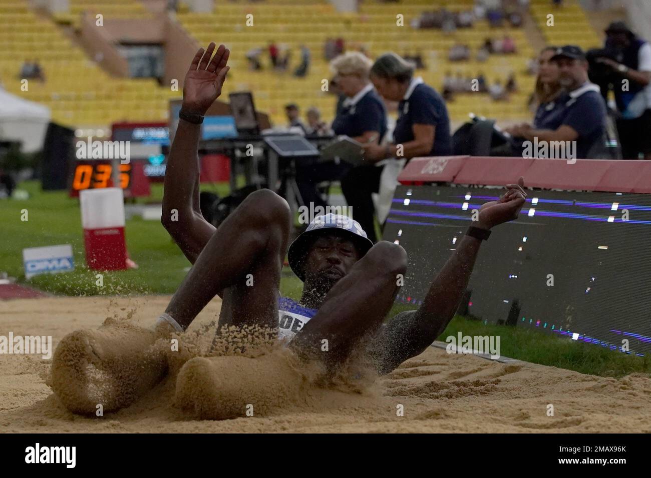 Marquis Dendy of the USA competes in the men's long jump final during ...