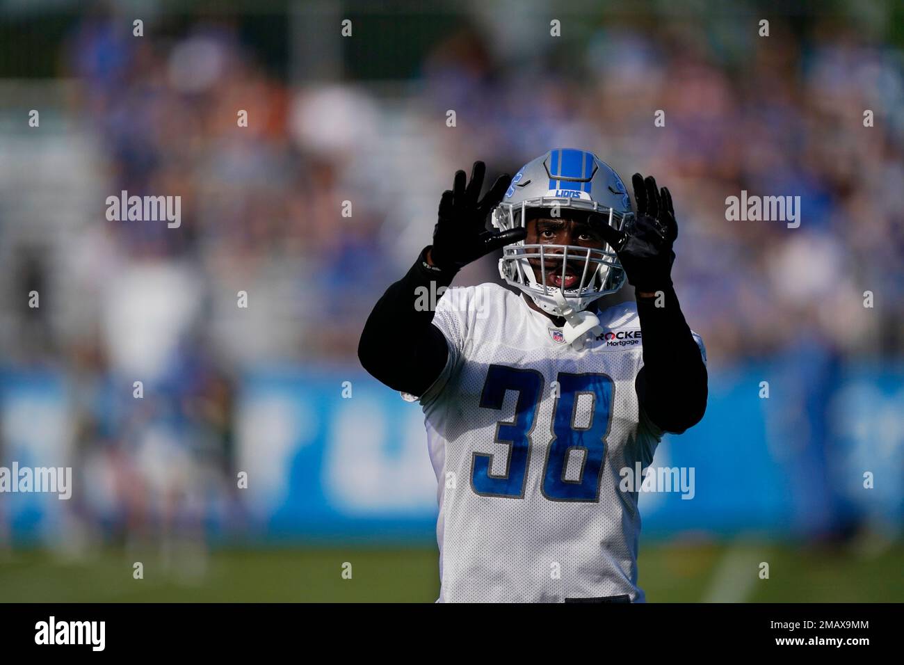 Detroit Lions safety C.J. Moore catches during a drill at the Lions NFL ...
