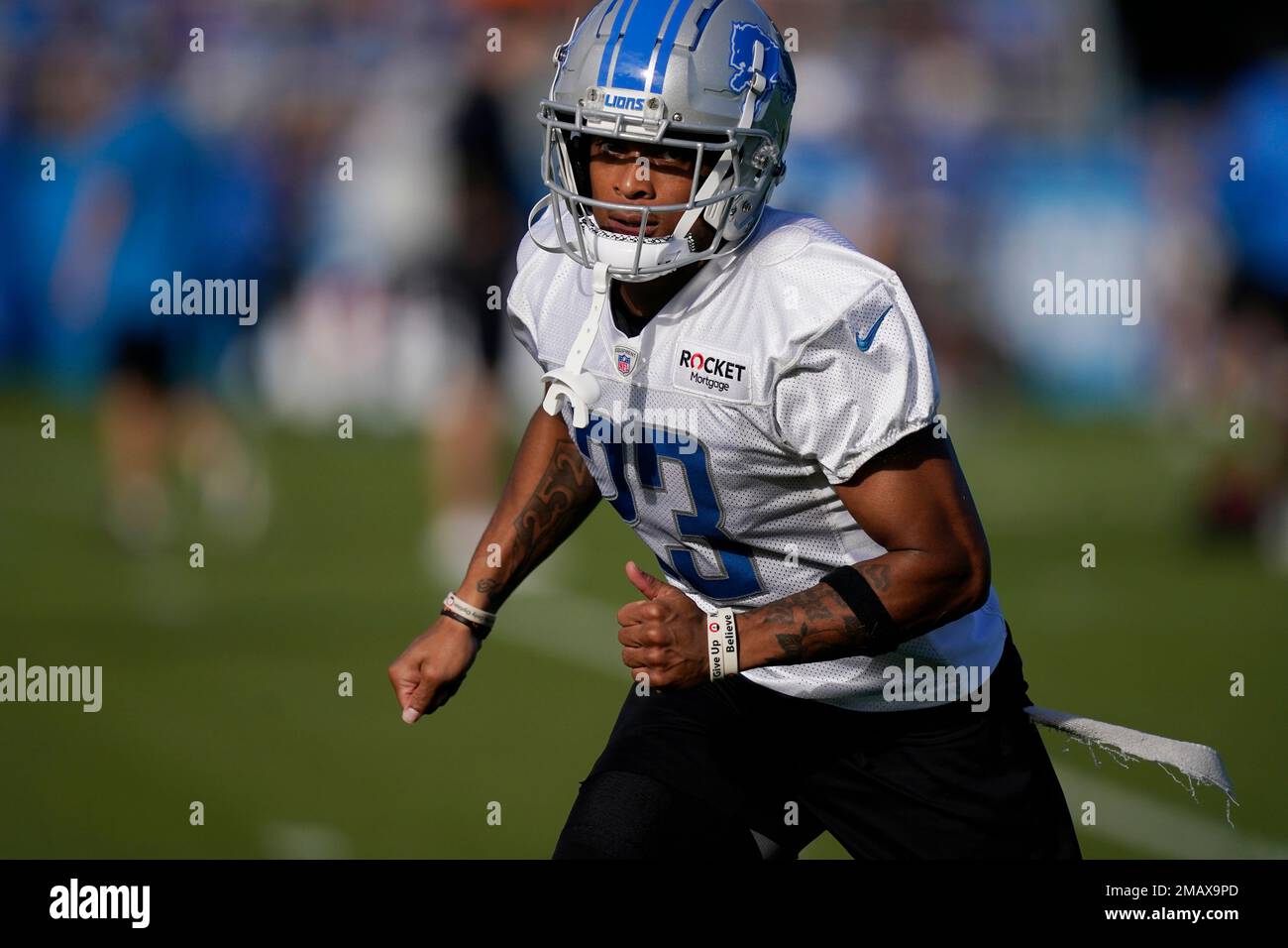 Detroit Lions cornerback Mike Hughes runs a drill at the Lions NFL ...