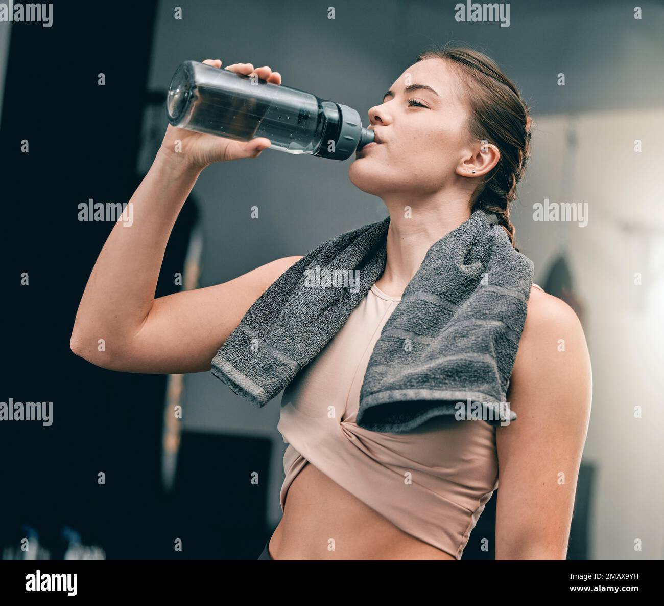 Fitness health, gym and woman drinking water for sports thirst ...