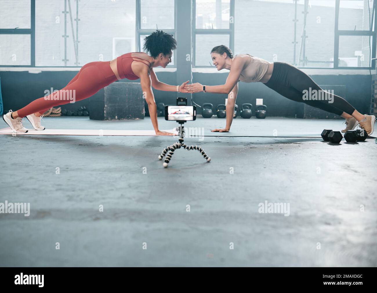 Influencer workout, phone and people recording, filming or broadcast ...