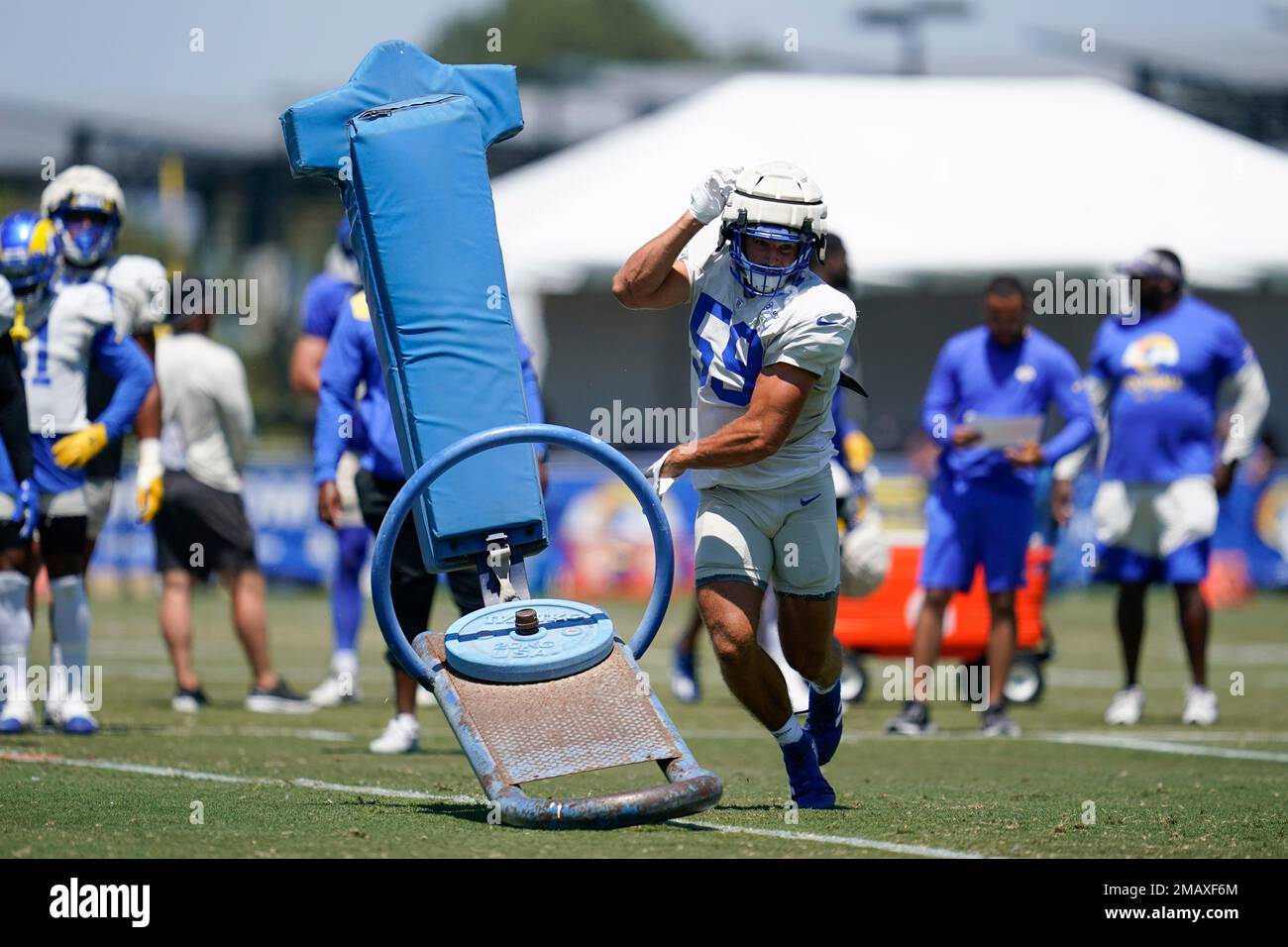 Los Angeles Rams linebacker Jacob Hummel (59) participates in drills at ...