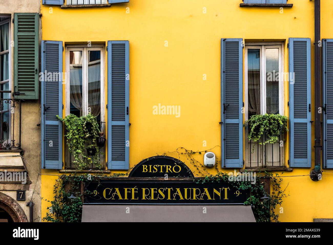 Beautiful and colorful facade of a restaurant-cafe-bistro, in the urban ...