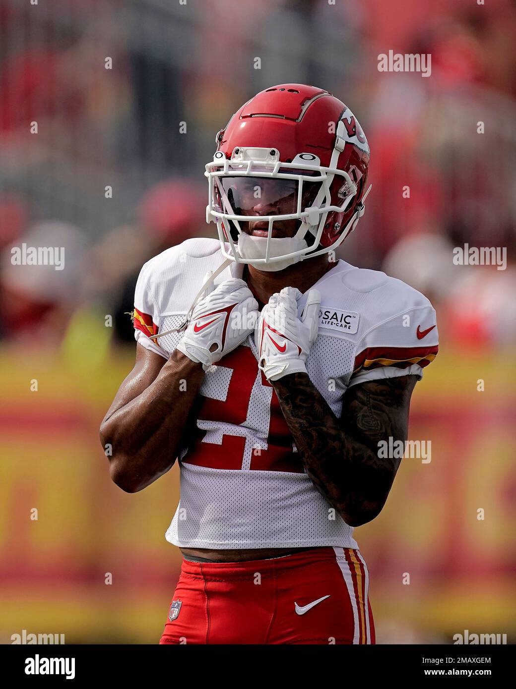 Kansas City Chiefs cornerback Trent McDuffie waits to participate in a ...