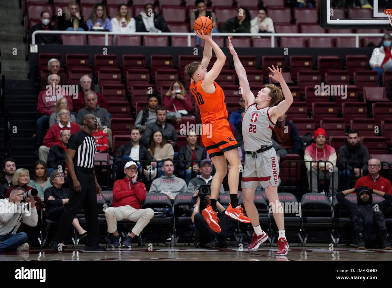 Oregon State forward Tyler Bilodeau (10) shoots over Stanford forward ...