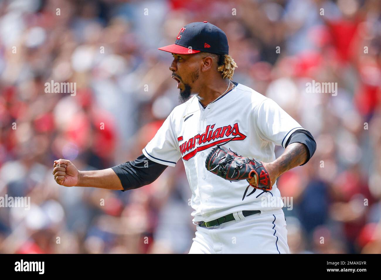 Cleveland Guardians relief pitcher Emmanuel Clase celebrates a 1-0 win ...