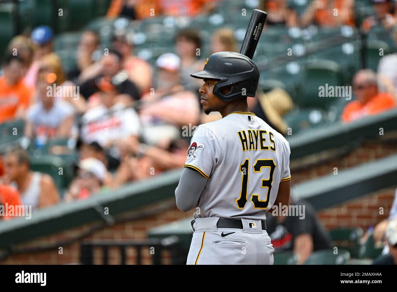 Pittsburgh Pirates' Ke'Bryan Hayes (13) looks on from the dugout during ...