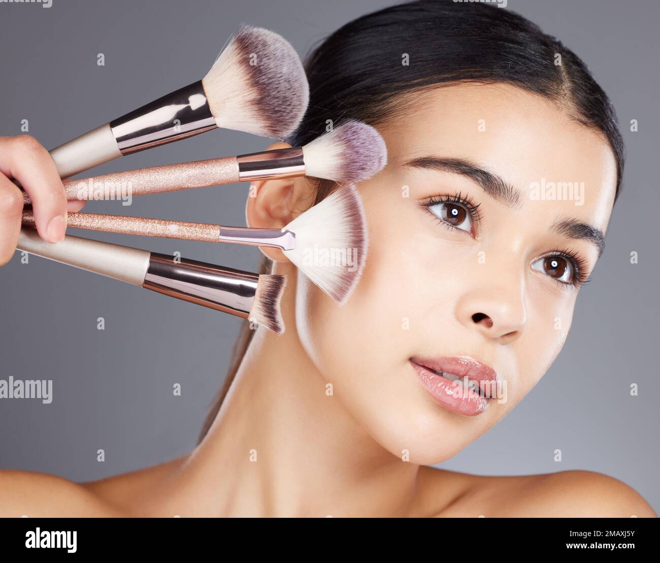 Woman, face beauty and makeup tools for skincare wellness, cosmetics ...