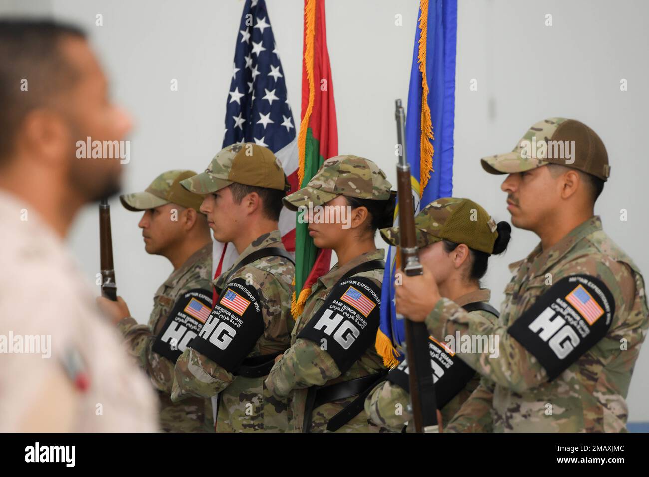 Al Dhafra Air Base’s Honor Guard presents the colors during the wing ...