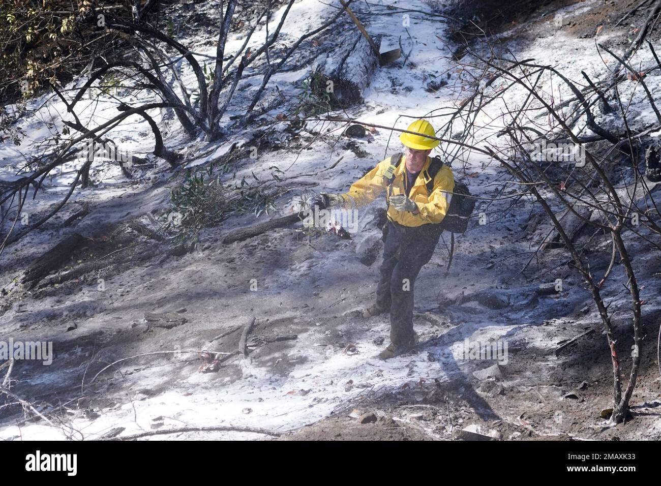 Los Angeles firefighter McCaffrey throws a hot branch into firefighting ...