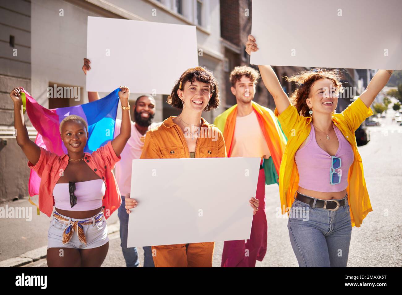 Lgbt protest, poster and group of people walking in city street for ...