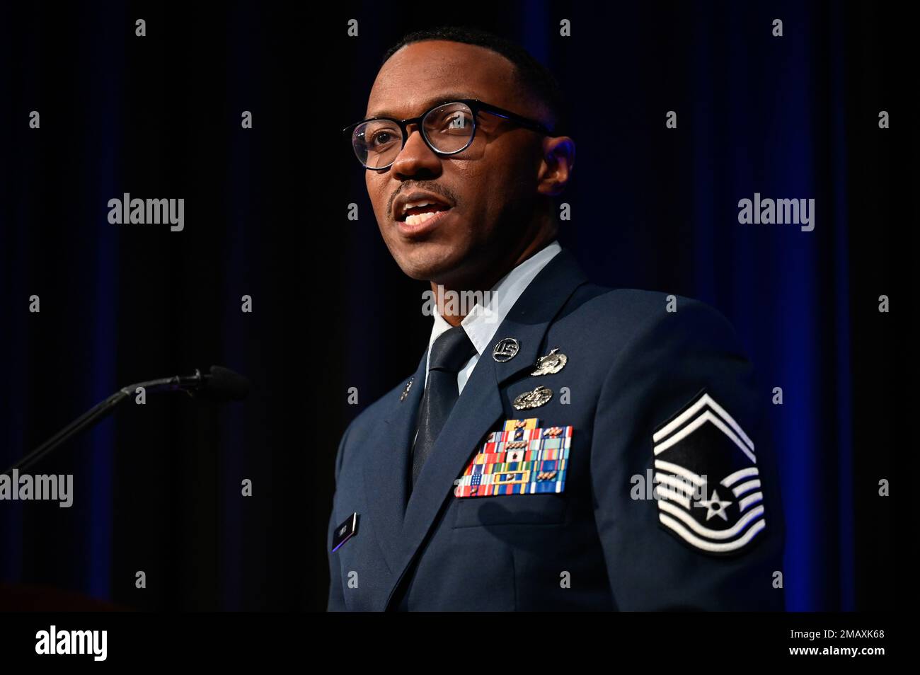Air Force Senior Master Sgt. David Smith speaks during a Department of ...