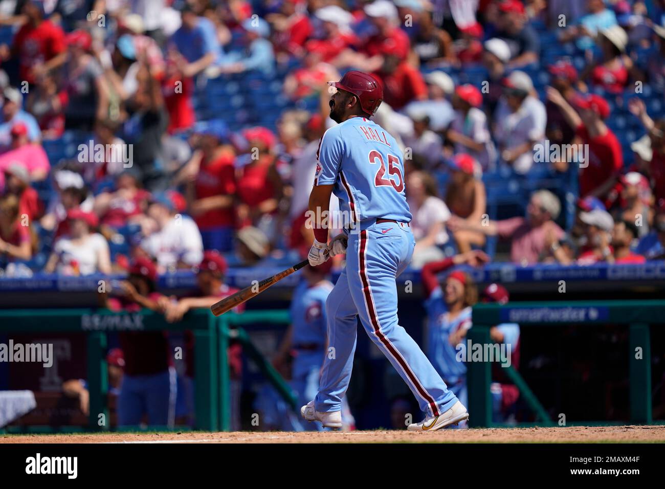 Philadelphia Phillies' Darick Hall runs the basses after hitting a home ...