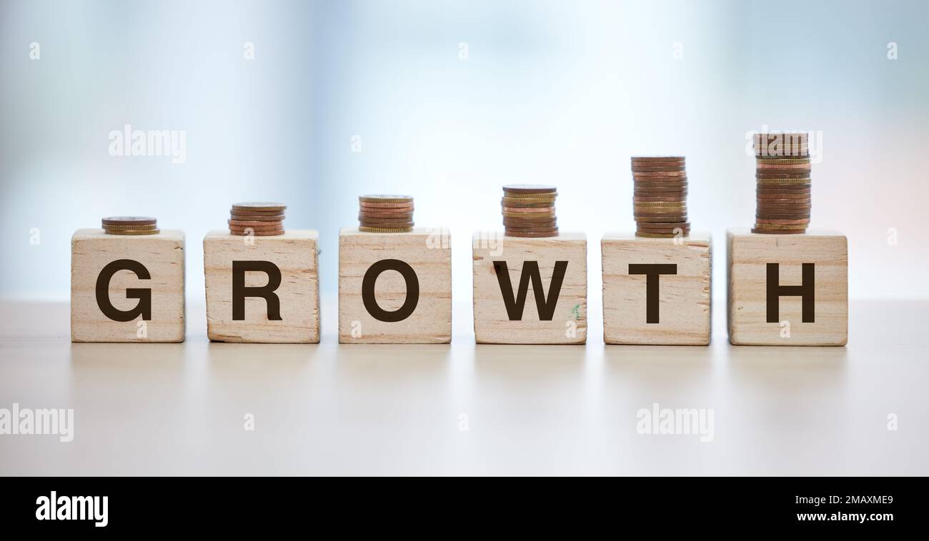 Money, finance growth and coin on blocks for increase in savings ...