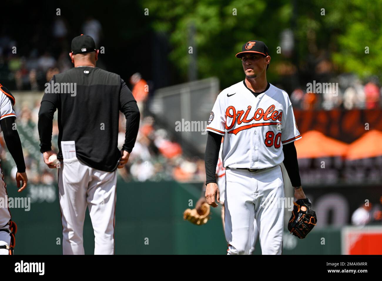 Baltimore Orioles starting pitcher Spenser Watkins (80) is removed by ...