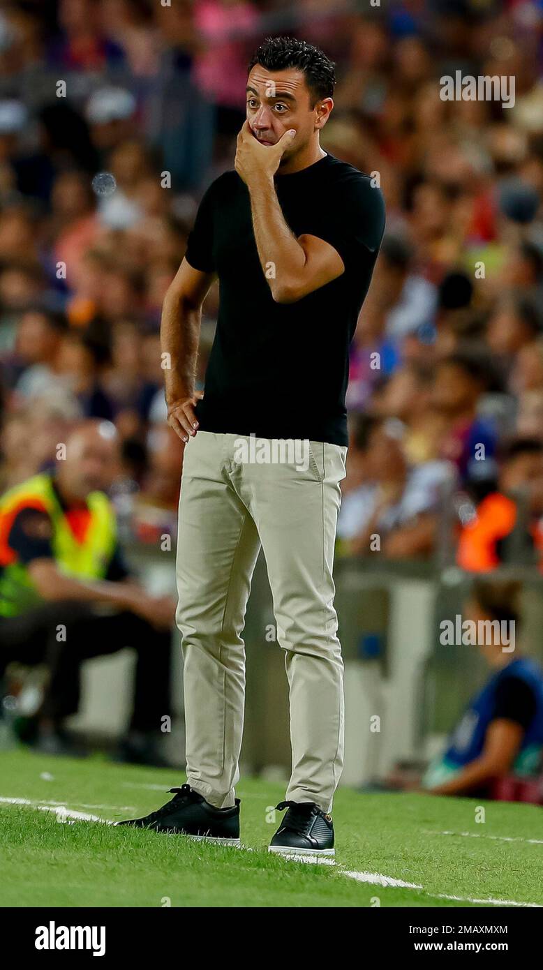 Barcelona coach Xavi Hernandez reacts during the Joan Gamper trophy ...