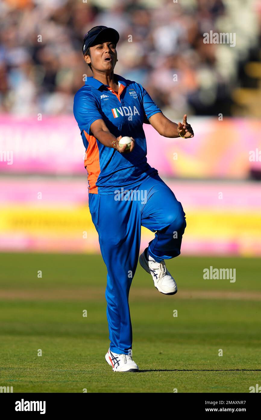 India's Meghna Singh celebrates after taking the catch to dismiss ...