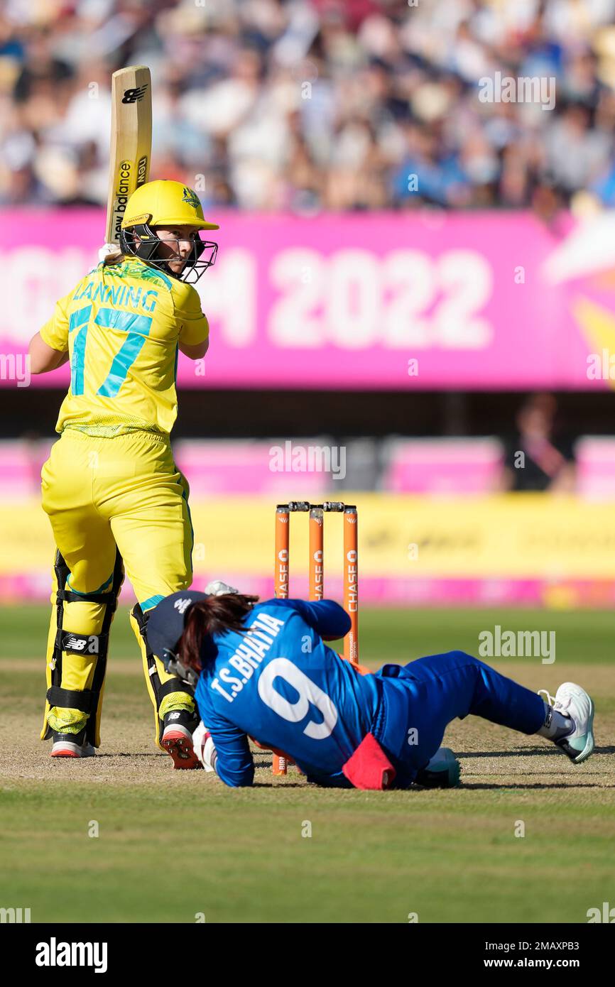 India's wicketkeeper Taniya Bhatia falls in an attempt to field the ...
