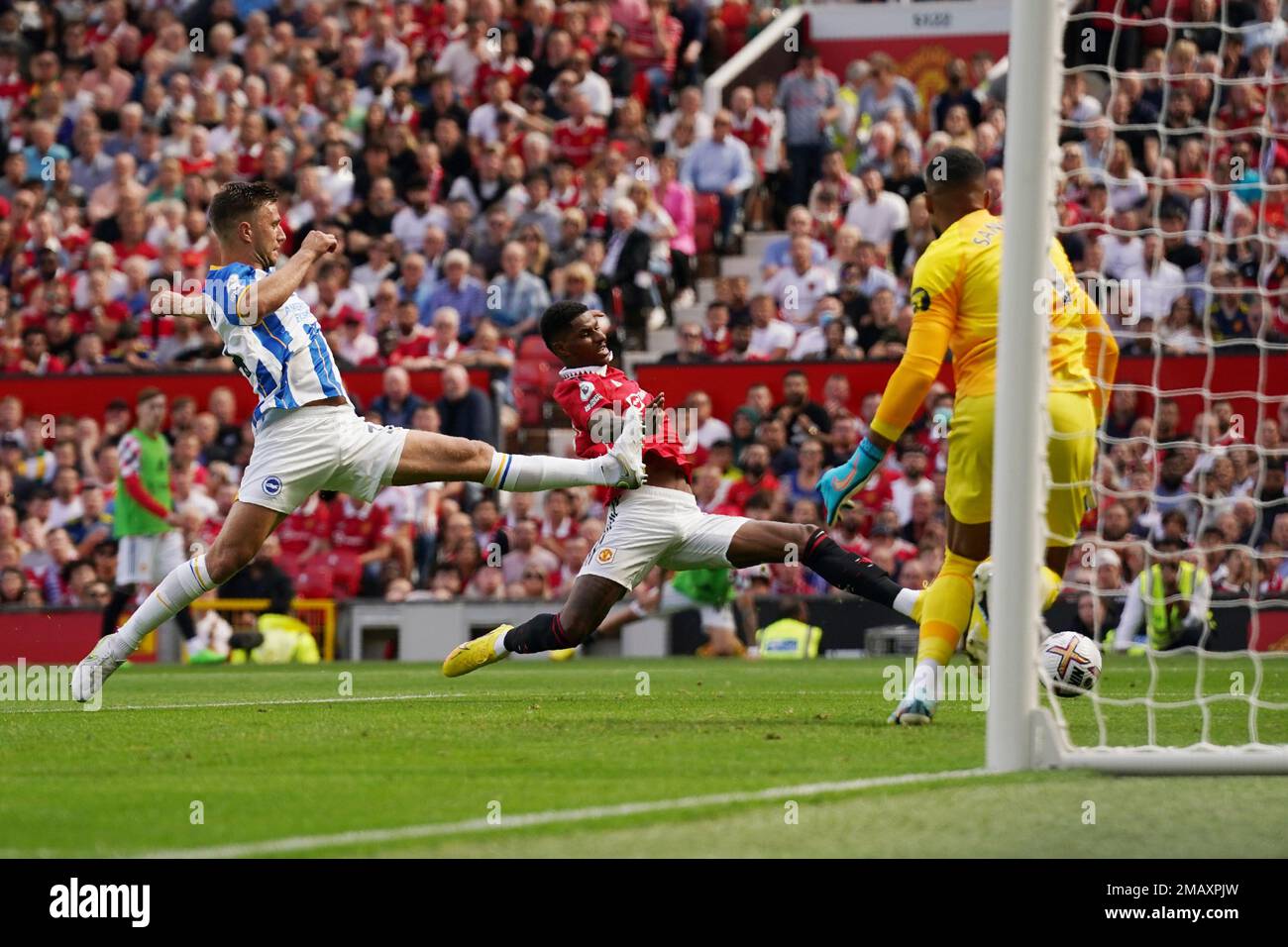 Manchester United's Marcus Rashford, center, attempts a goal during the ...