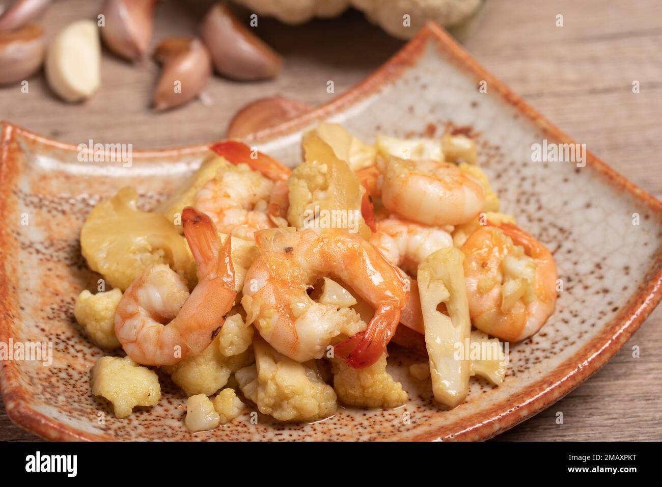 Stir-fried shrimp with cauliflower. Tasteless food. Healthy Stock Photo ...