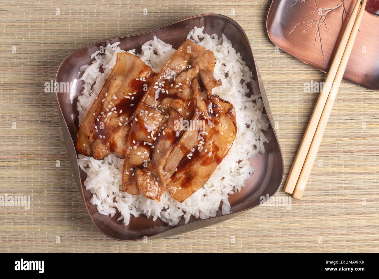 Pork Sliced Rice tonkatsu or deep fried pork, a traditional Japanese ...