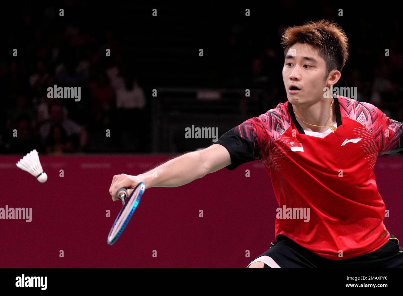 Jia Heng Teh of Singapore plays a return to Lakshya Sen of India during ...
